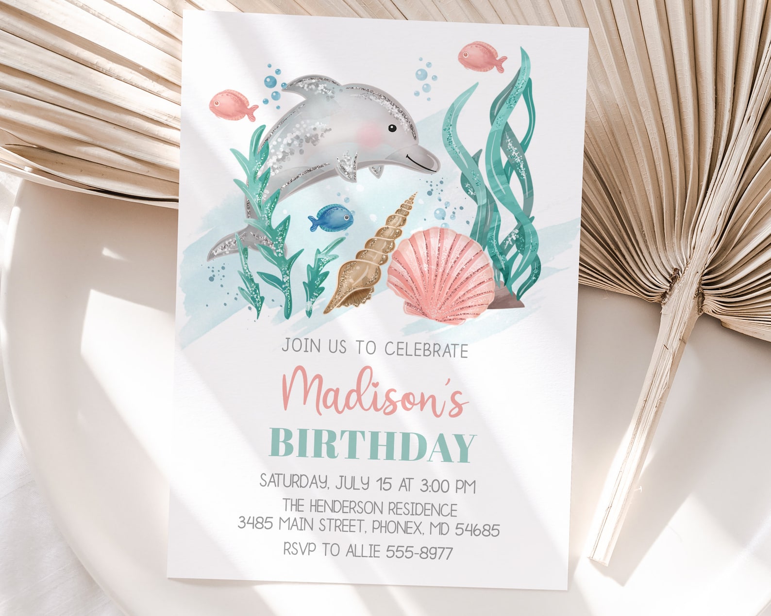 Dolphin Birthday Invitation Template, Editable, Girl Dolphin Invitation ...
