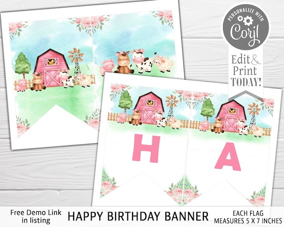 Farm Animals Birthday Banner Pink, Editable Barnyard Happy Birthday ...