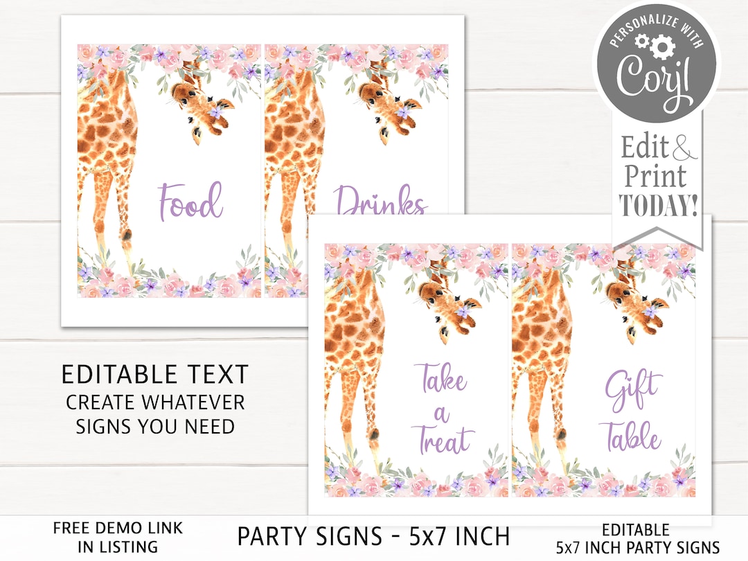 Giraffe Party Signs 5x7 Inches, Editable Giraffe Table Signs, Instant ...
