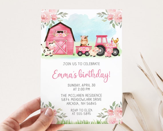 Farm Animals Girl Birthday Invitation Template, pink, flowers, editable ...