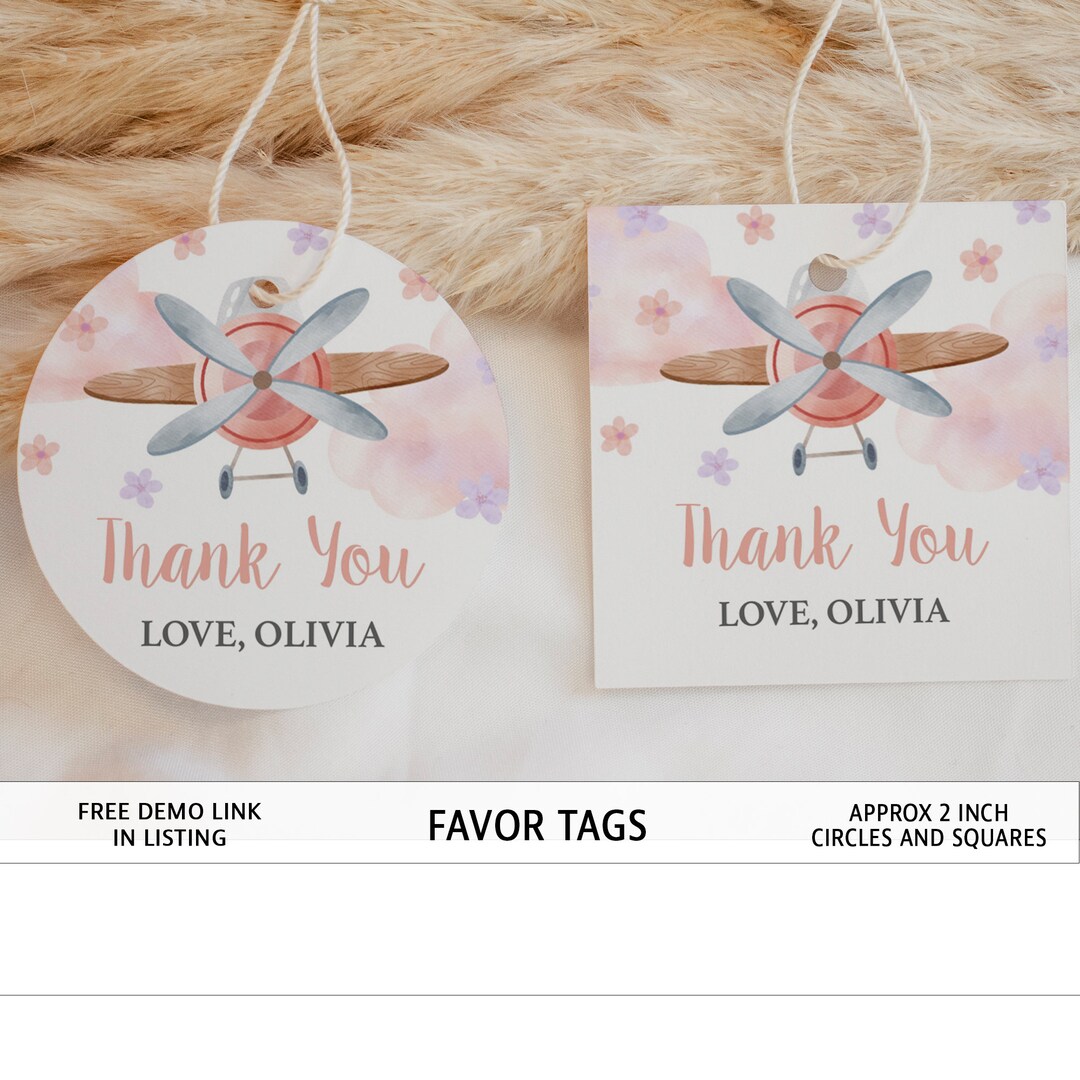 Airplane Girl Favor Tags, Editable, Plane Clouds and Flowers, Thank You ...