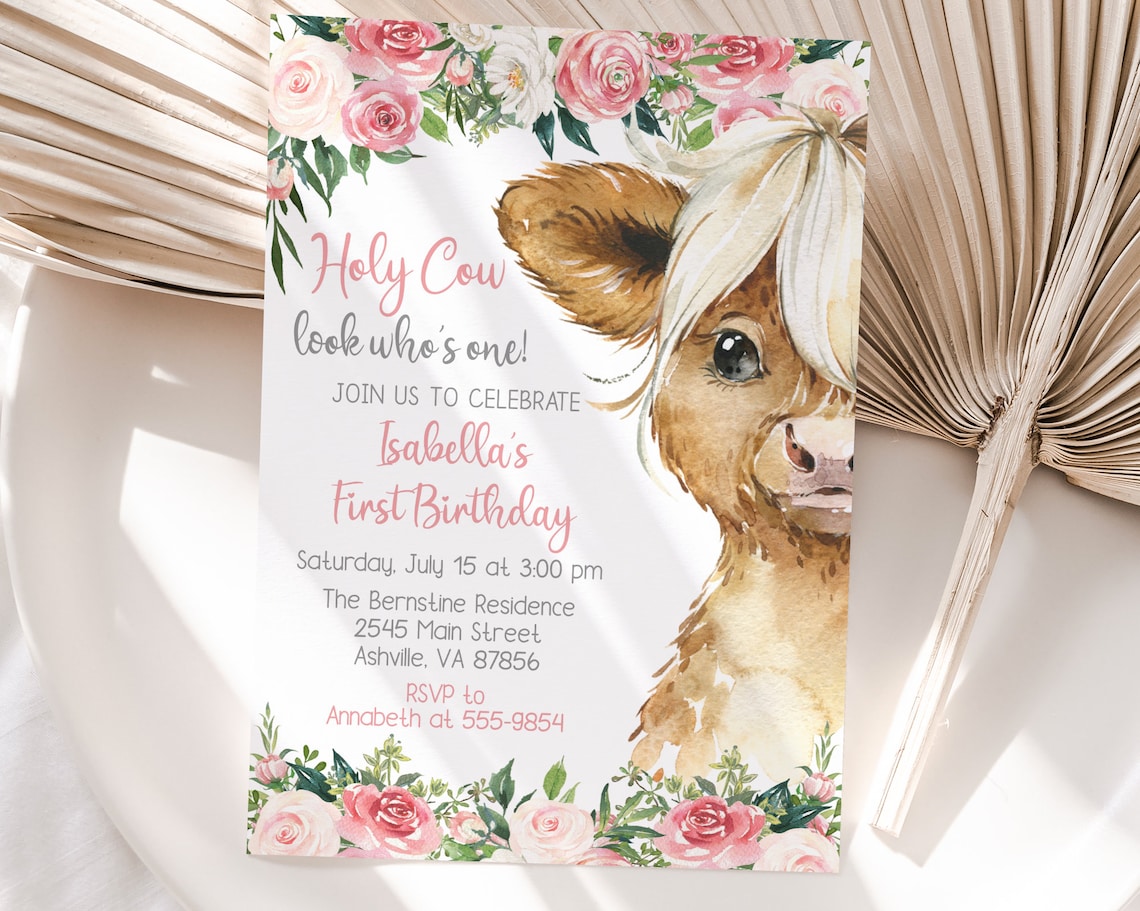 Highland Cow First Birthday Invitation Template Editable Cow - Etsy