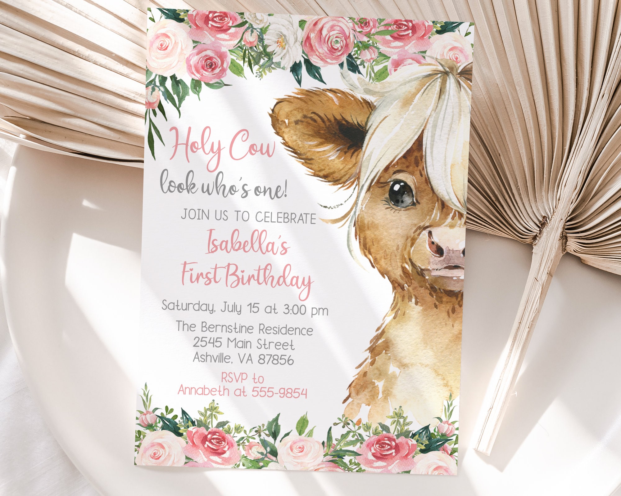 Highland Cow First Birthday Invitation Template Editable Cow With ...