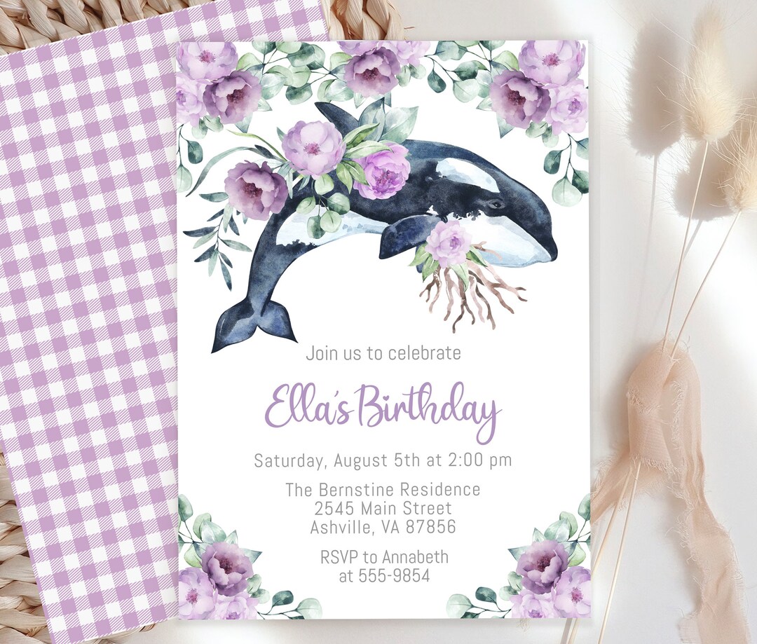 Orca Whale Birthday Invitation Template: Purple Floral Under the Sea ...
