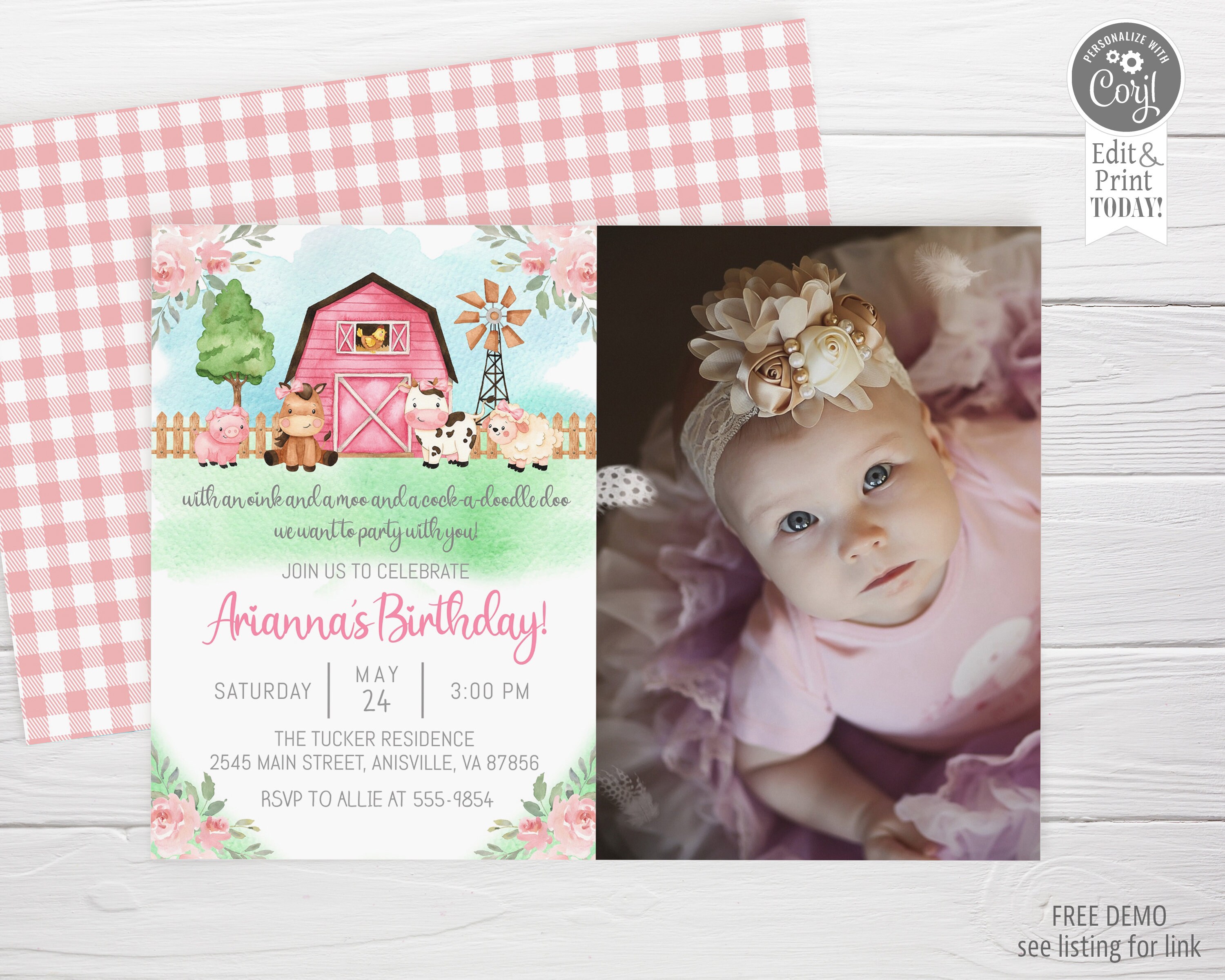 Farm Animals Birthday Invitation With Photo, Girl, Flowers, Editable ...