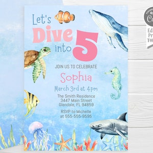 Dive Into 5 Pink Birthday Invitation Template, Ocean Animals, Girl ...