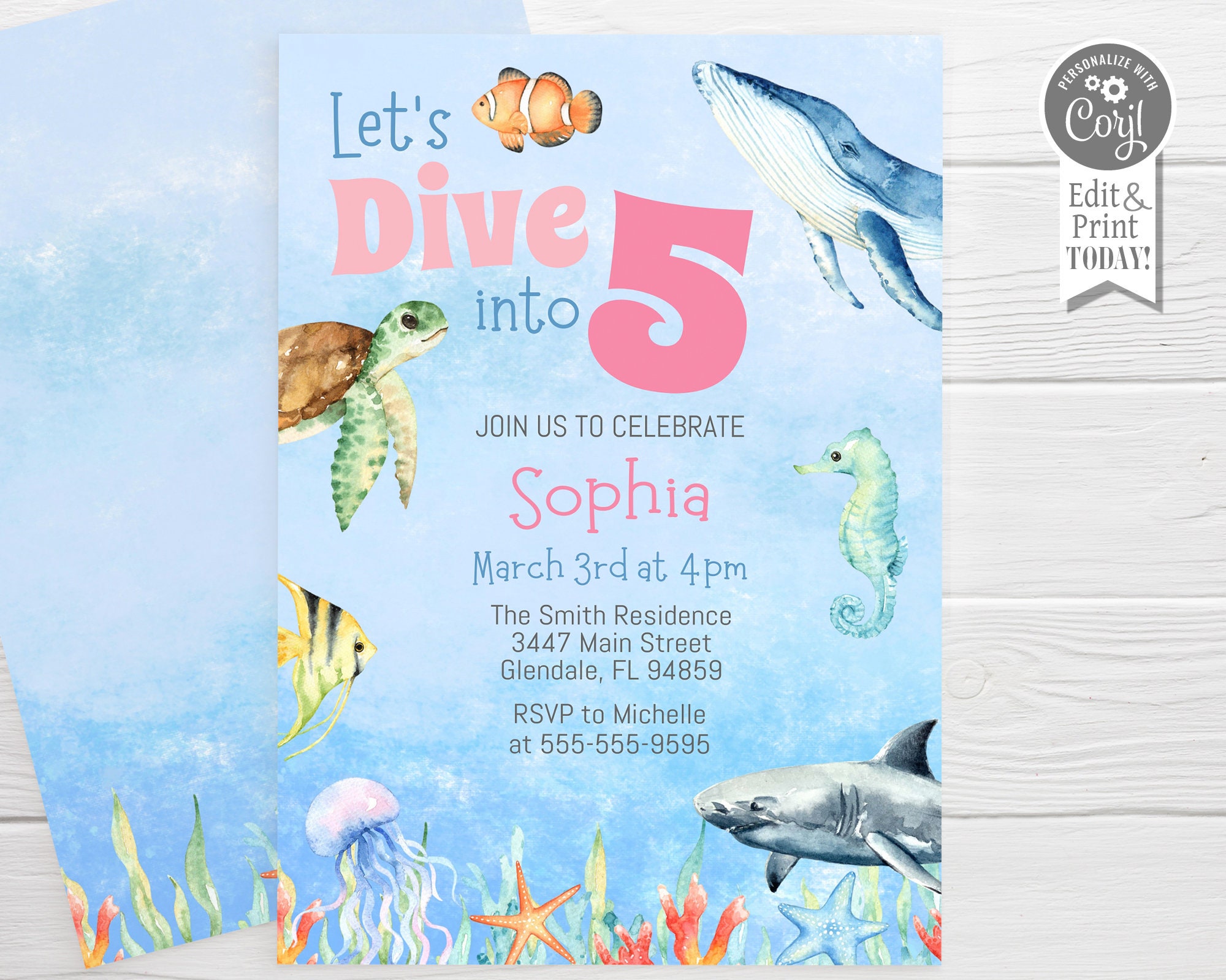 Dive Into 5 Pink Birthday Invitation Template, Ocean Animals, Girl ...