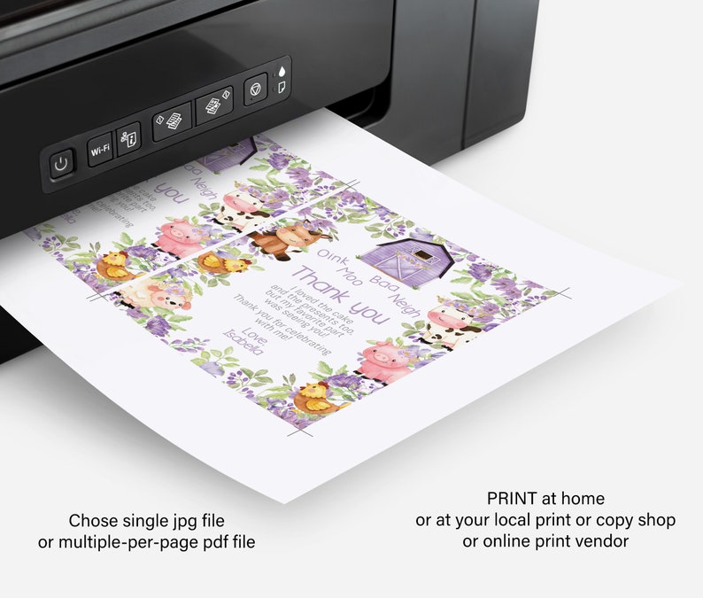 Farm Purple Thank You Note Printable Editable Template Barnyard Party ...