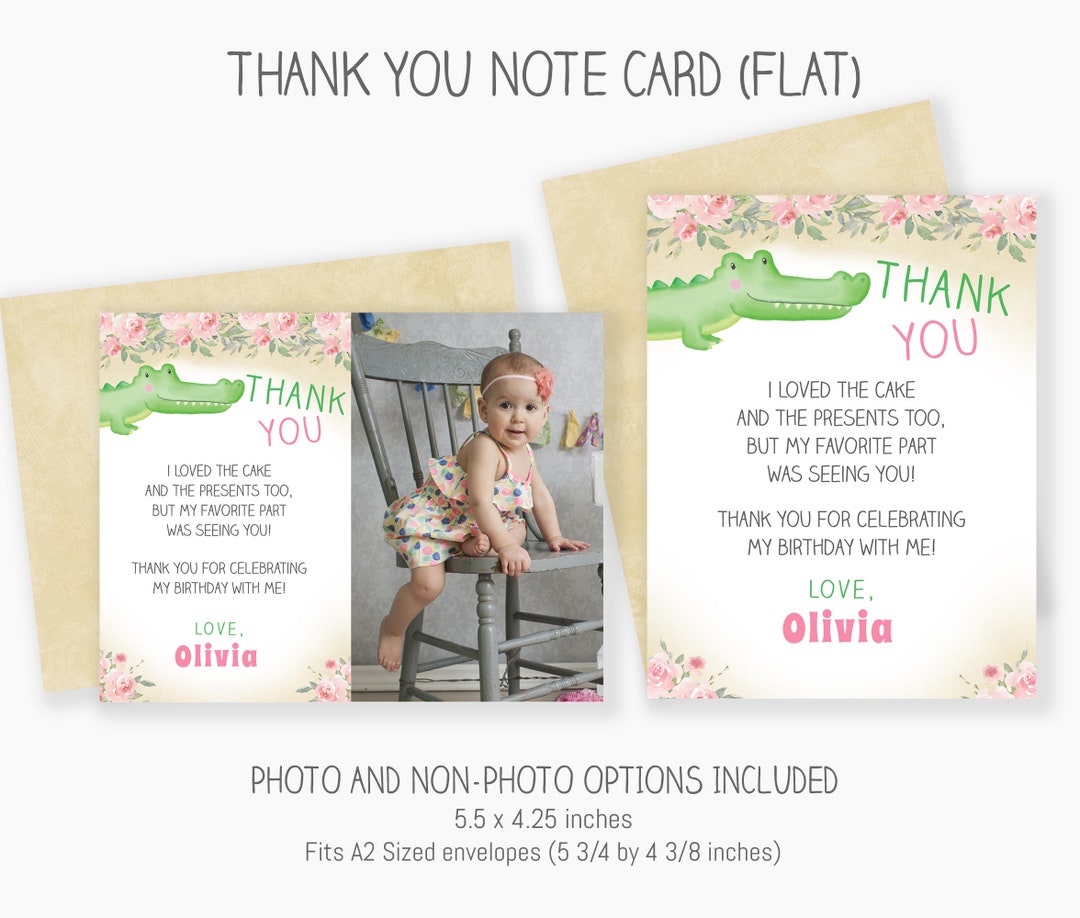Printable Alligator Thank You Card Editable Girl Crocodile Pink Flowers ...