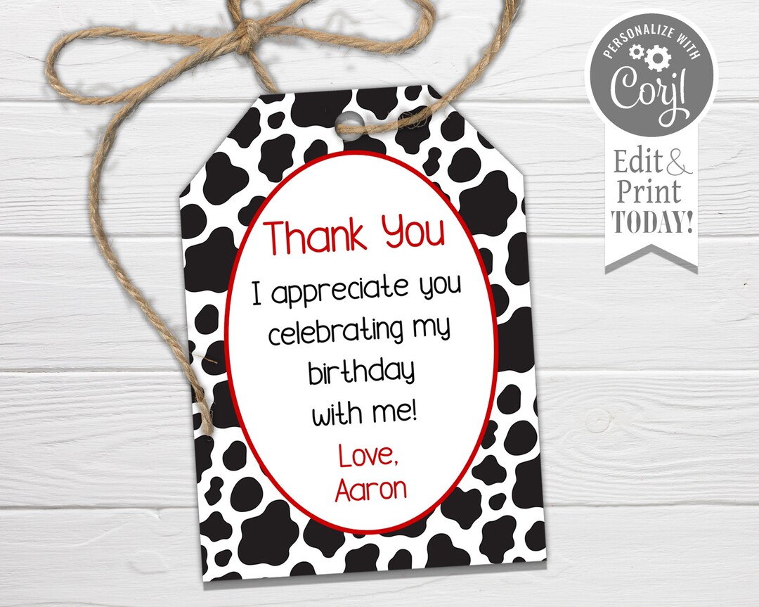 Cow Pattern Favor Tags, Editable, Hang Tag, Thank You Tag, Edit With ...
