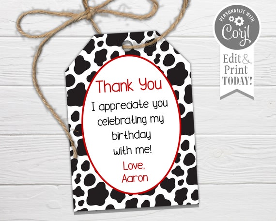 Cow Pattern Favor Tags, Editable, Hang Tag, Thank you tag, edit with ...