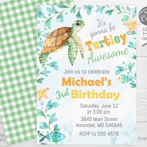 Turtle Birthday Invitation, Editable, Turtley Awesome, Under the Sea ...