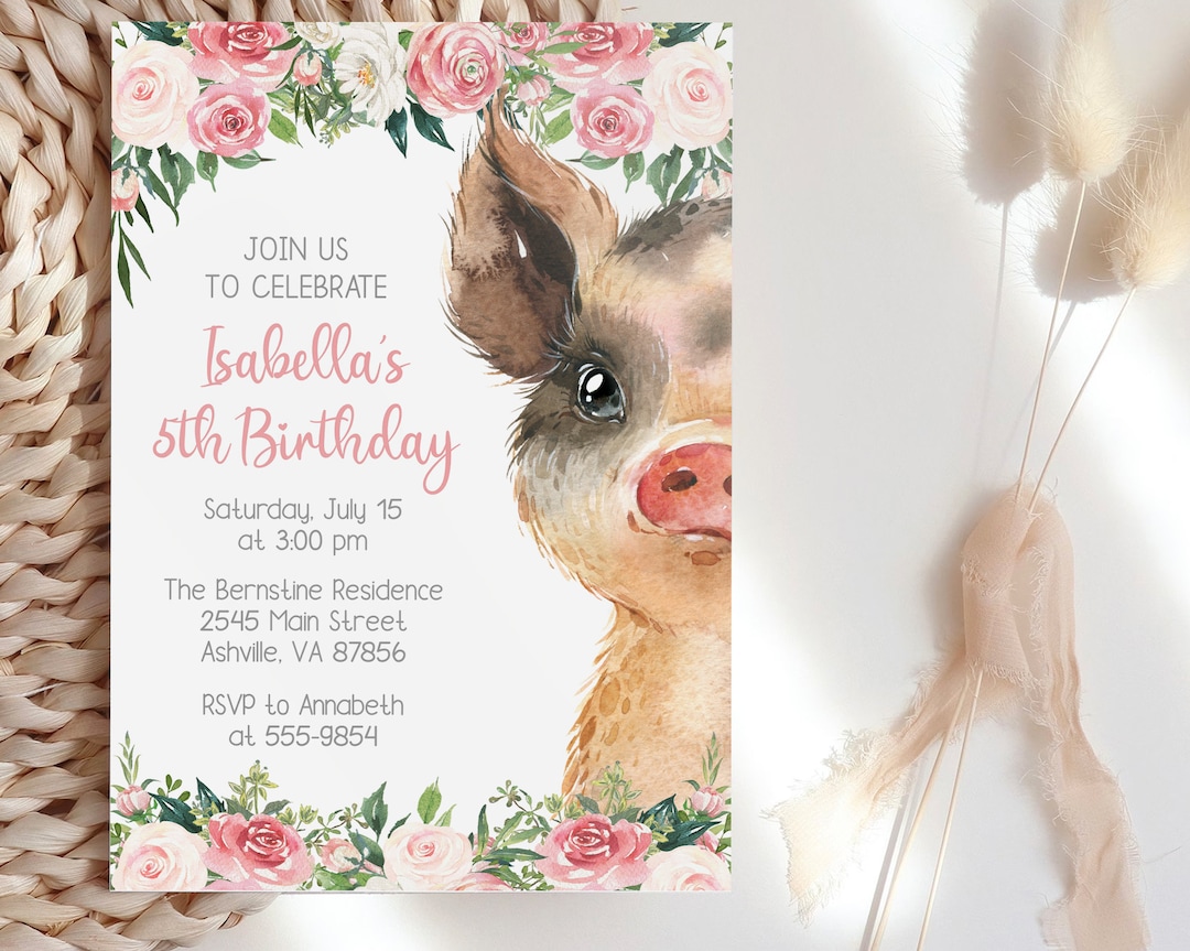 Pig Birthday Invitation: Floral Piglet, Pink Text (instant Download) - Etsy