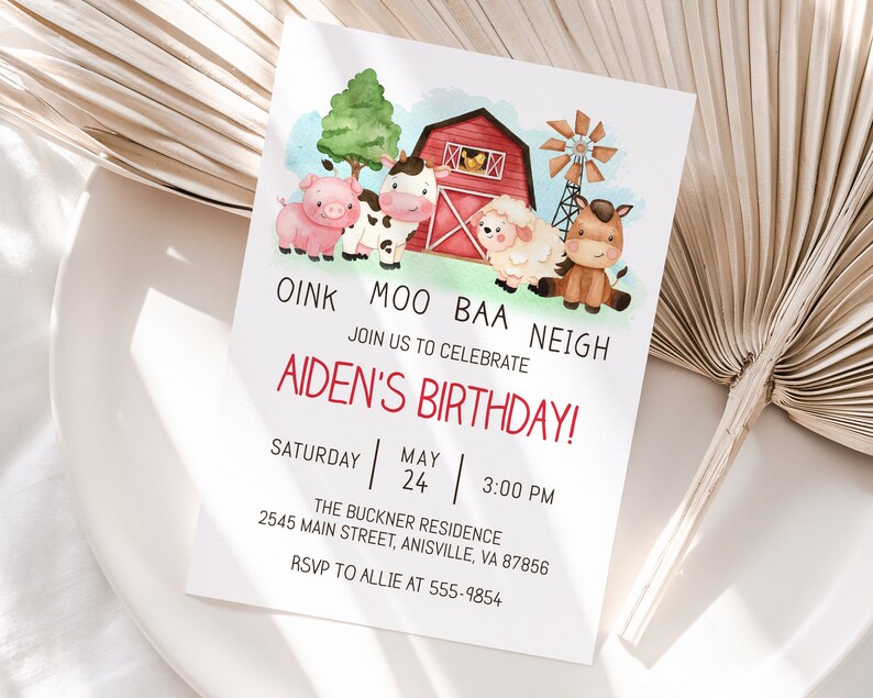 Farm Birthday Invitation, Editable, Cute Farm Animals, Oink Moo Cock-a ...