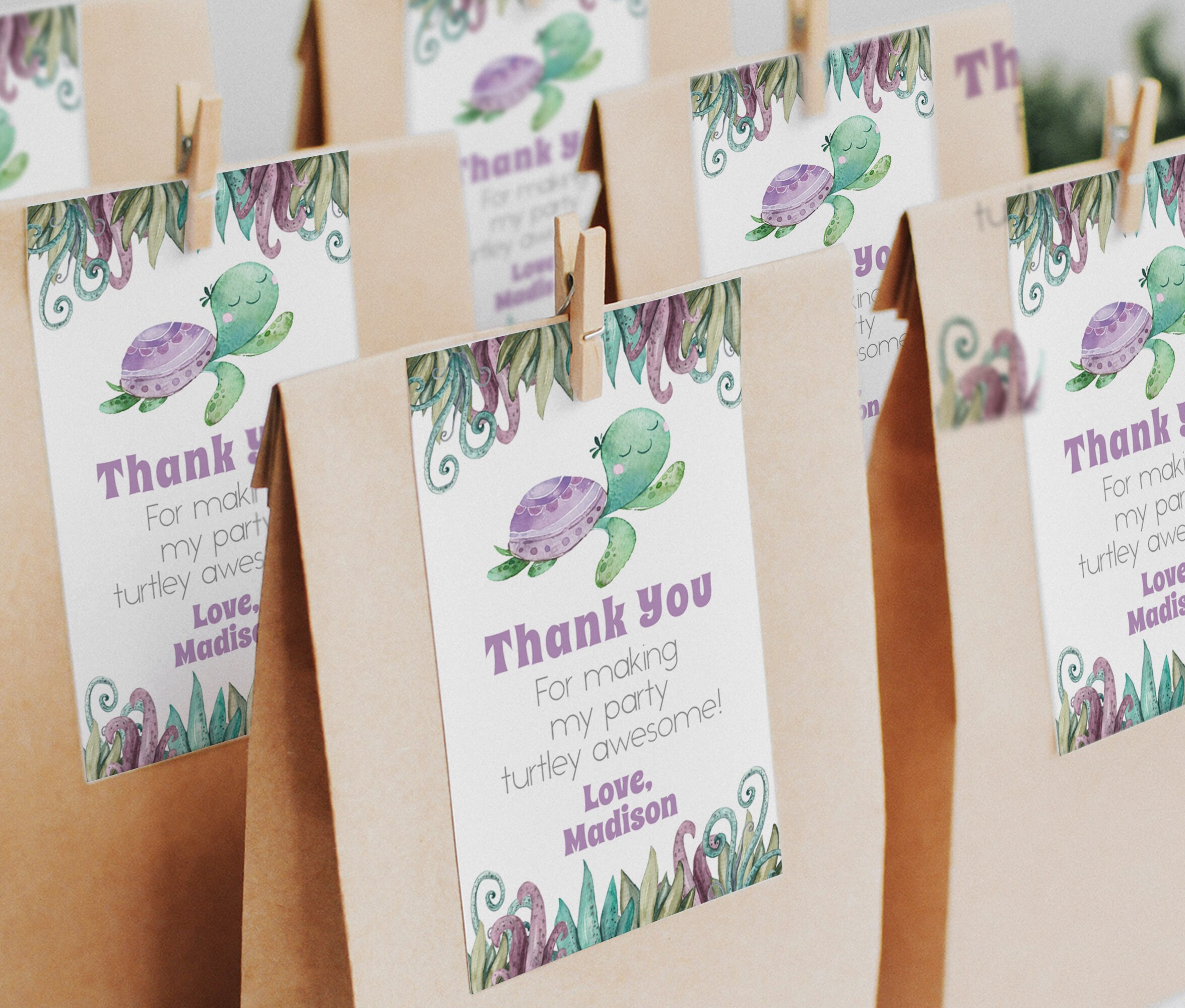 Purple Turtle Favor Tags Template, Editable, Digital You-print Hang Tag ...