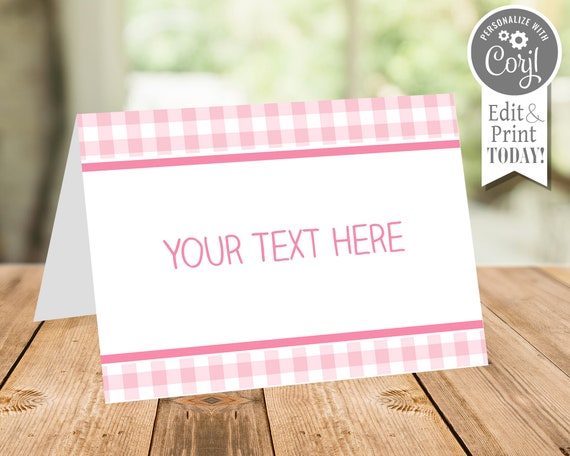 Pink Table Tent Label, food label, pink gingham, editable table tent ...