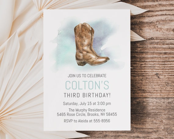 Cowboy Birthday Invitation template, Editable, blue, Cowboy boots ...