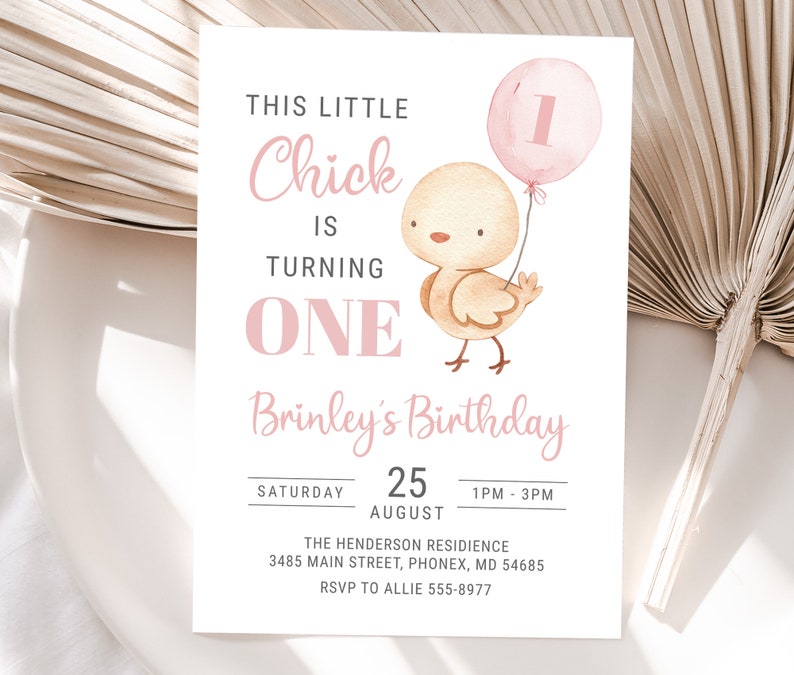 Chicken Birthday Invitation Template, Editable Girl, Pink Balloon, Farm ...