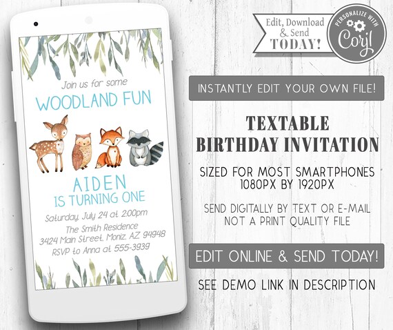 Editable Woodland Animals Textable Birthday Invitation, You-Edit with ...