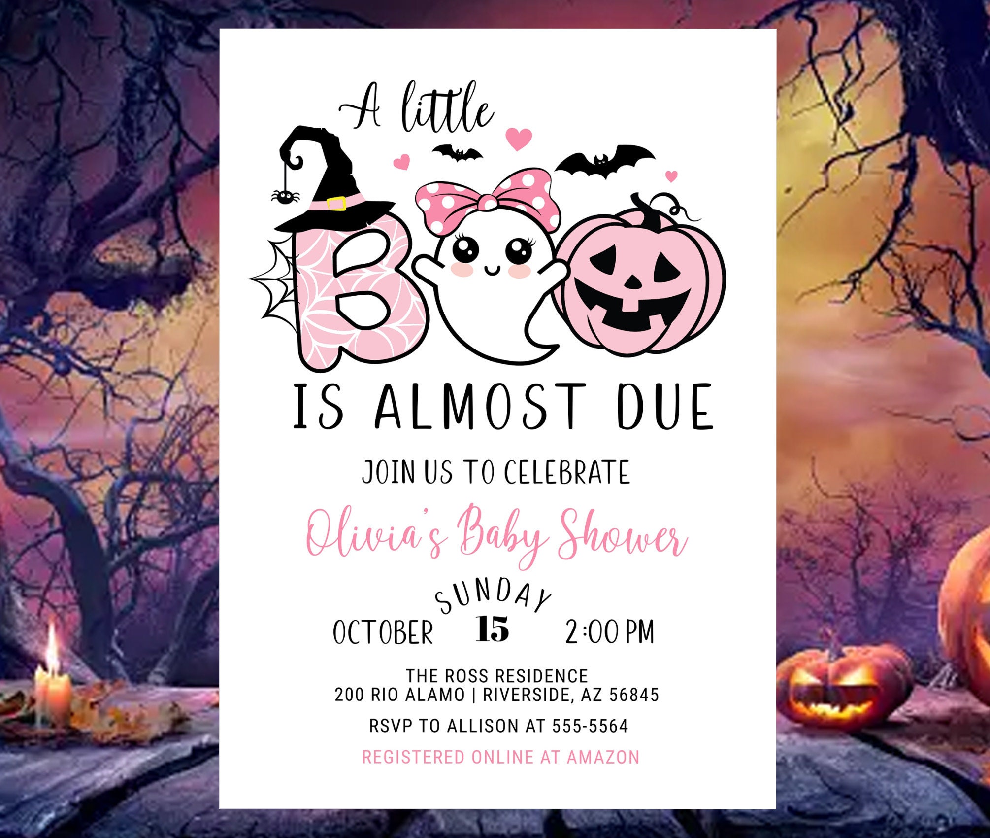 Halloween Girl Baby Shower Invitation Template, Editable, Pink Little ...