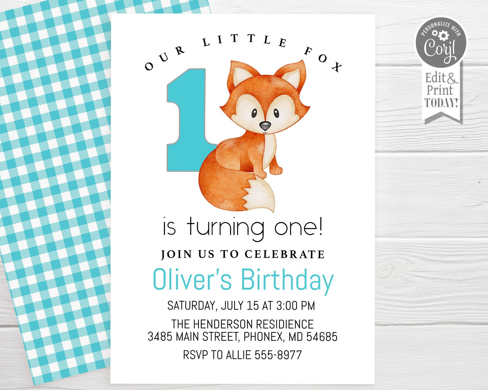 Woodand Animals Fox Birthday Invitation Template, Editable, Turning One ...