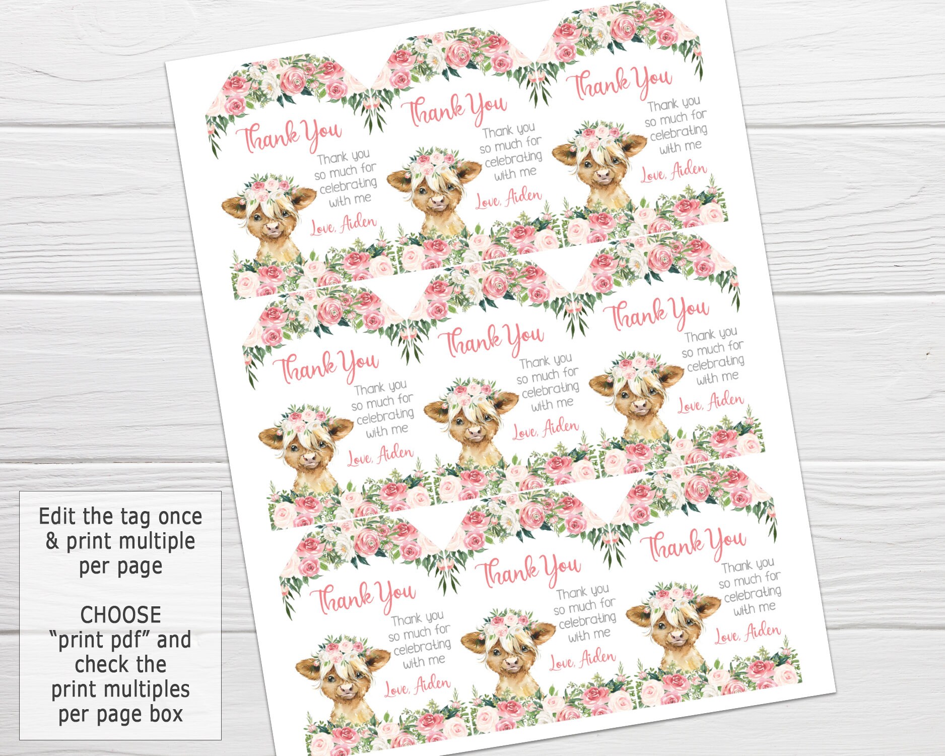 Highland Cow Favor Tags Editable Pink Flowers Hang Tag - Etsy