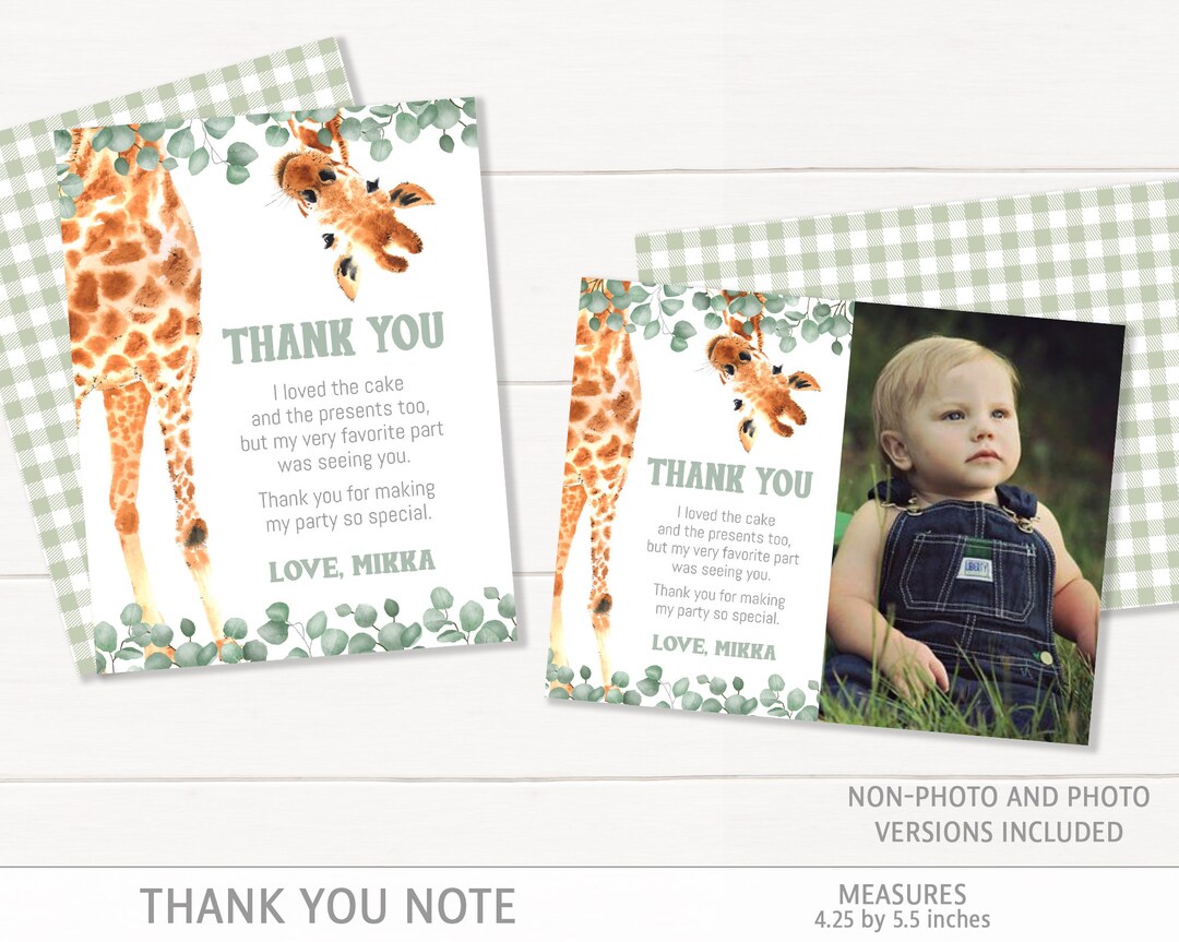 Giraffe Thank You Note, Editable, Giraffe With Leaves Party Thank You ...