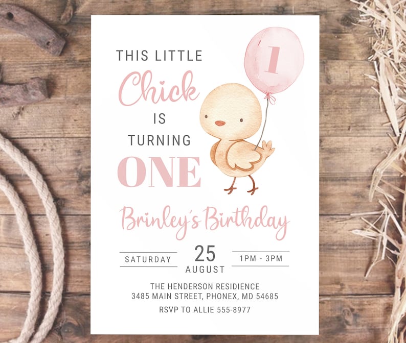 Chicken Birthday Invitation Template, Editable Girl, Pink Balloon, Farm ...
