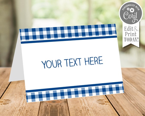 Blue Table Tent Label, food label, blue gingham, editable table tent ...
