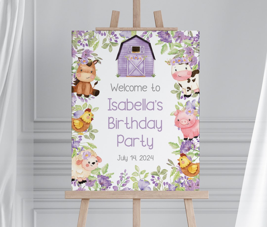 Farm Animals Welcome Sign Printable Template With Purple Flowers ...