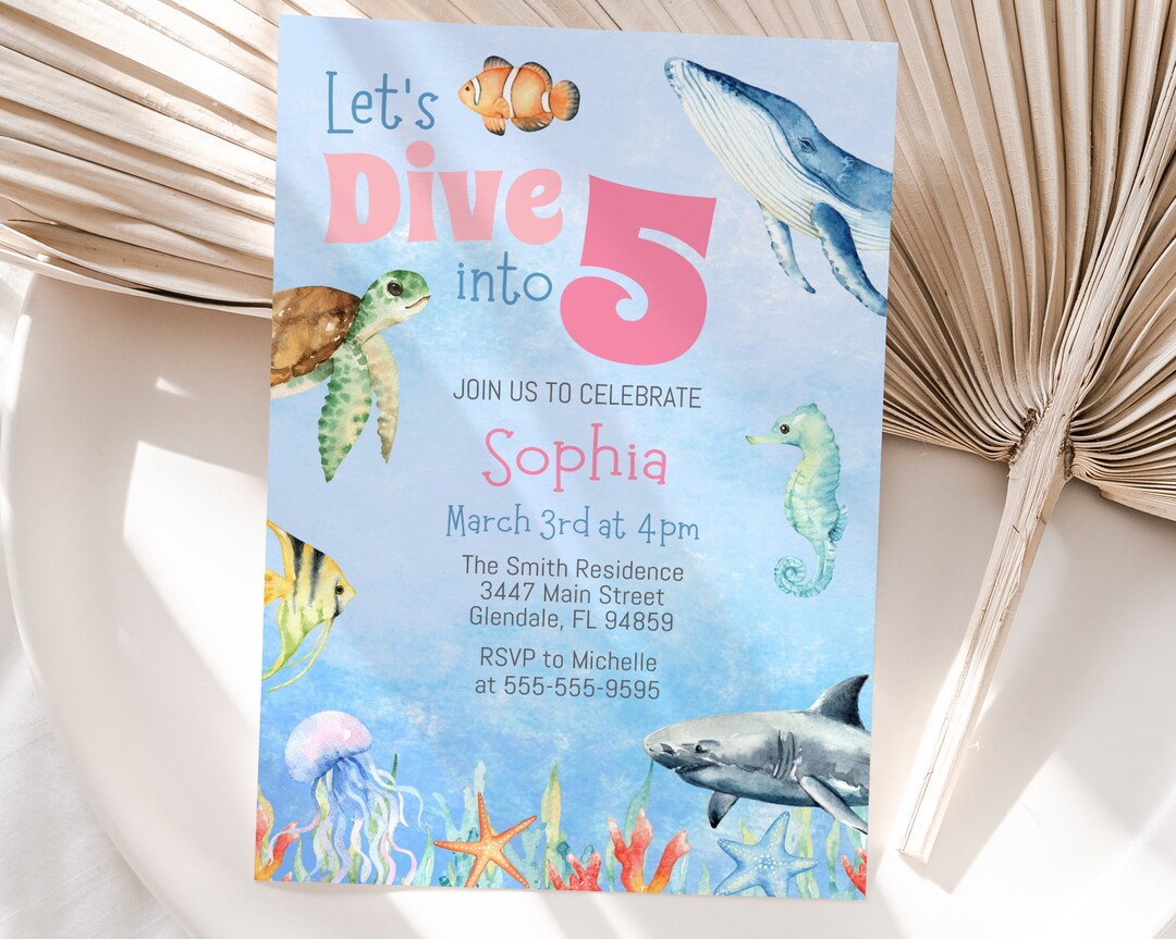 Dive Into 5 Pink Birthday Invitation Template, Ocean Animals, Girl ...