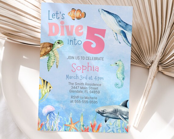 Dive Into 5 Pink Birthday Invitation Template, Ocean Animals, girl ...