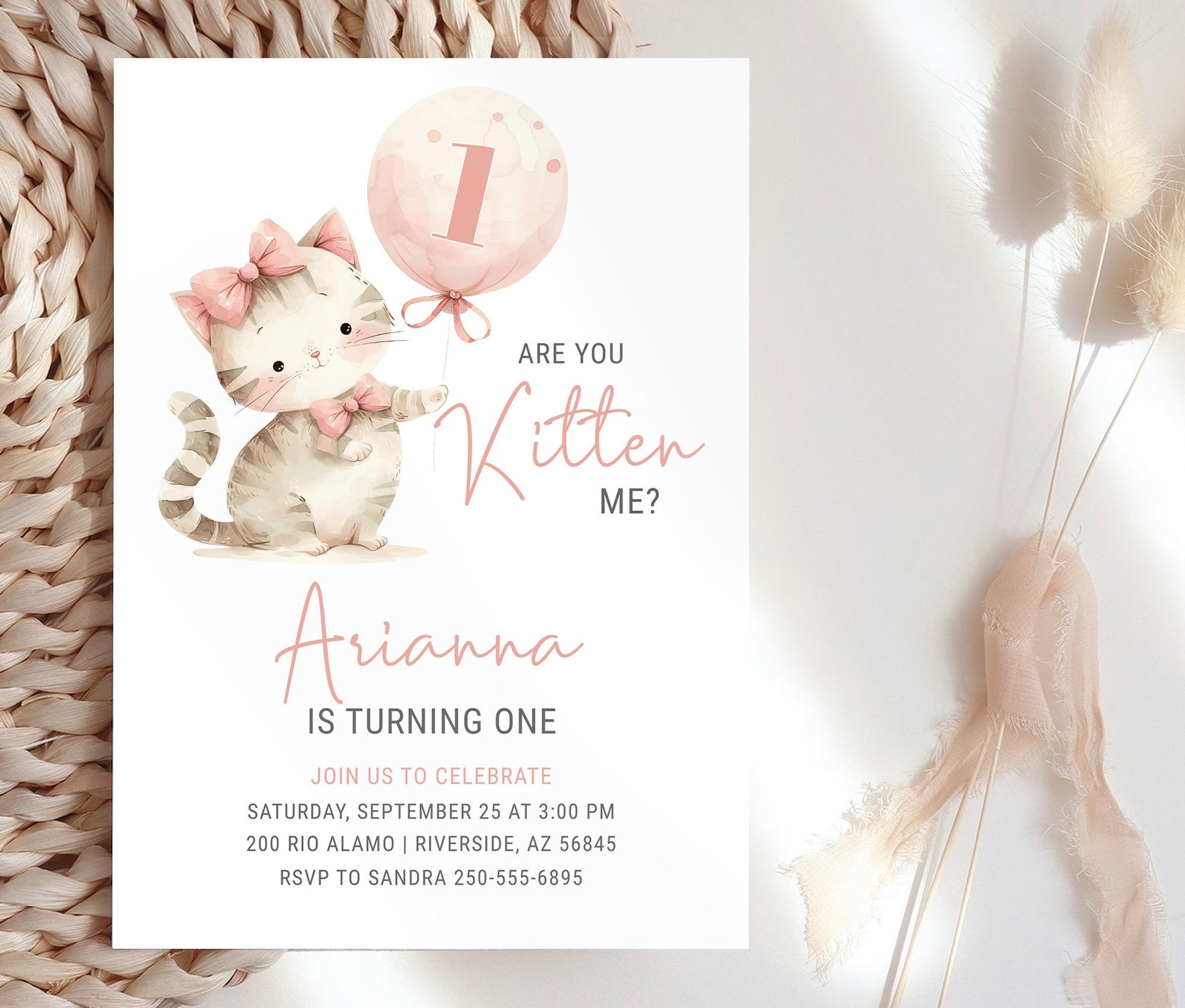 Kitten Birthday Invitation for Girl Cat Party Pink Cute Kitty First ...