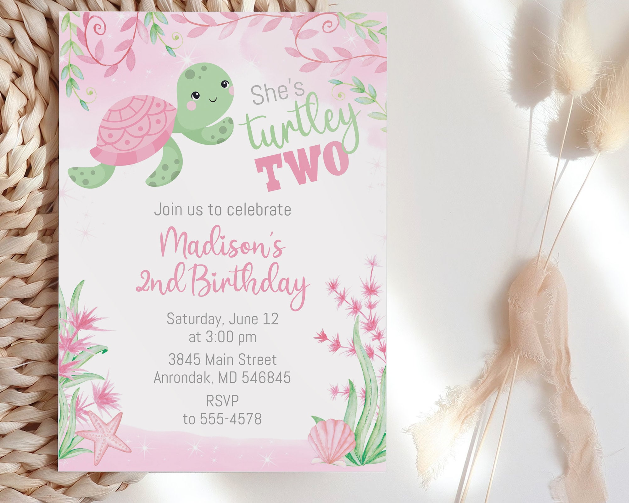 Turtley Two Birthday Invitation Template Editable Pink - Etsy