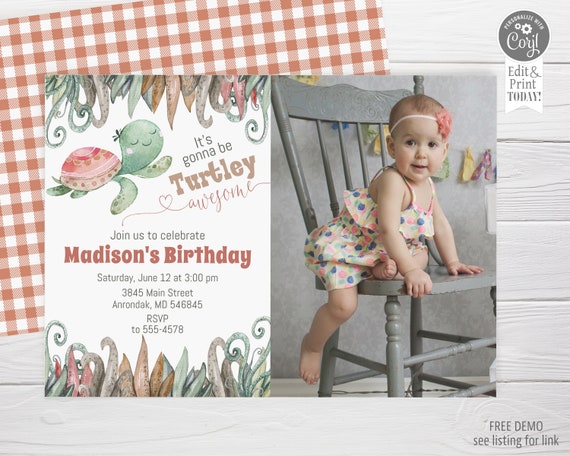Turtley Awesome Birthday Photo Invitation, editable, Turtle Invitation ...