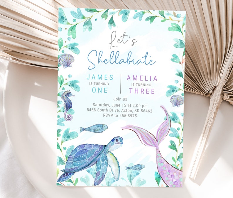 Turtle Mermaid Birthday Invitation Printable Template, Dual Party ...