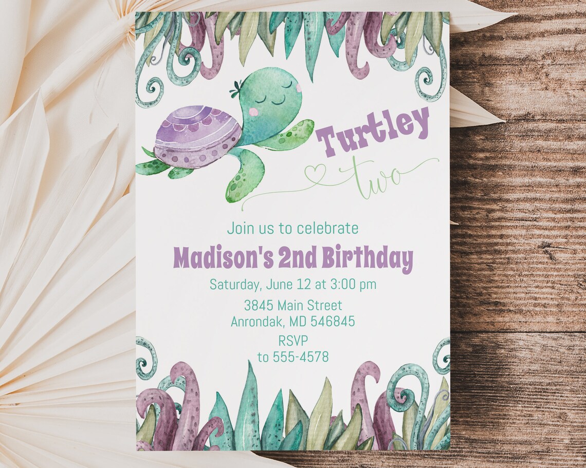 Turtley Two Birthday Invitation, Editable, Turtle Invitation, Ocean ...