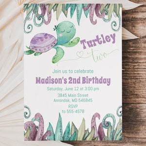 Turtley Two Birthday Invitation, Editable, Turtle Invitation, Ocean ...