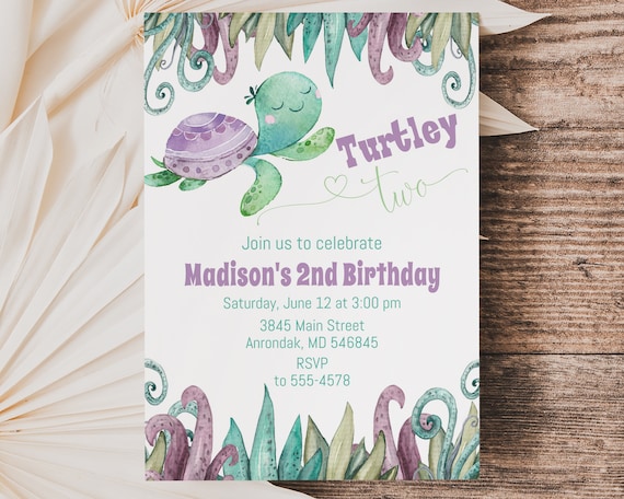 Turtley Two Birthday Invitation, editable, Turtle Invitation, ocean ...