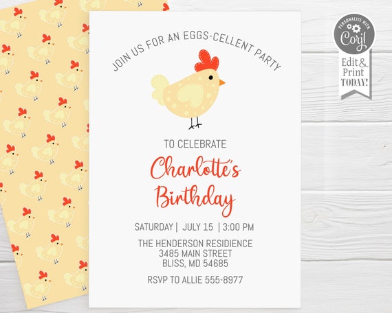 Chicken Birthday Invitation, cluck cluck, girl, editable, farm party ...