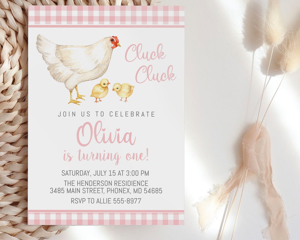 Pink Chicken Birthday Invitation: Farm Party, Editable Template ...