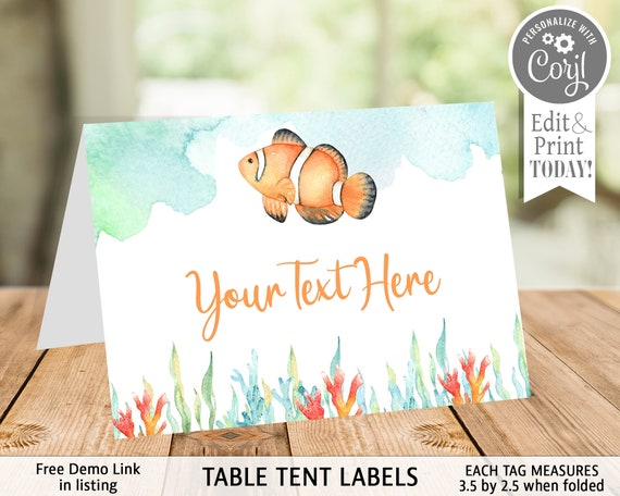 Sea Animals Table Tent Label, clown fish, girl, boy, food label ...