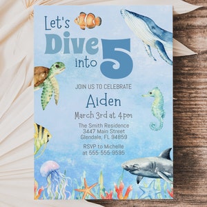 Dive Into 5 Birthday Invitation Template, Ocean Animals, Boy, Blue ...