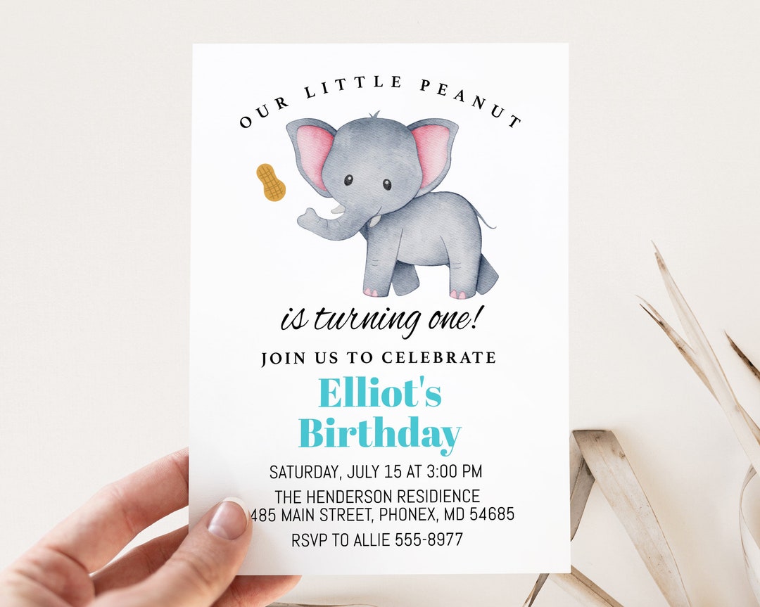 Elephant Invitation, Our Little Peanut Birthday, Boy, Cute Elephant ...