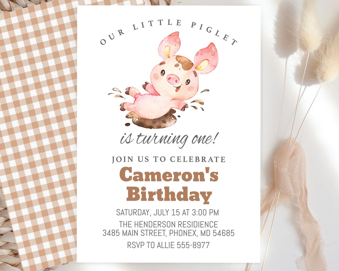 Pig Birthday Invitation Template, Farm Animal, Boy, Corjl (digital ...