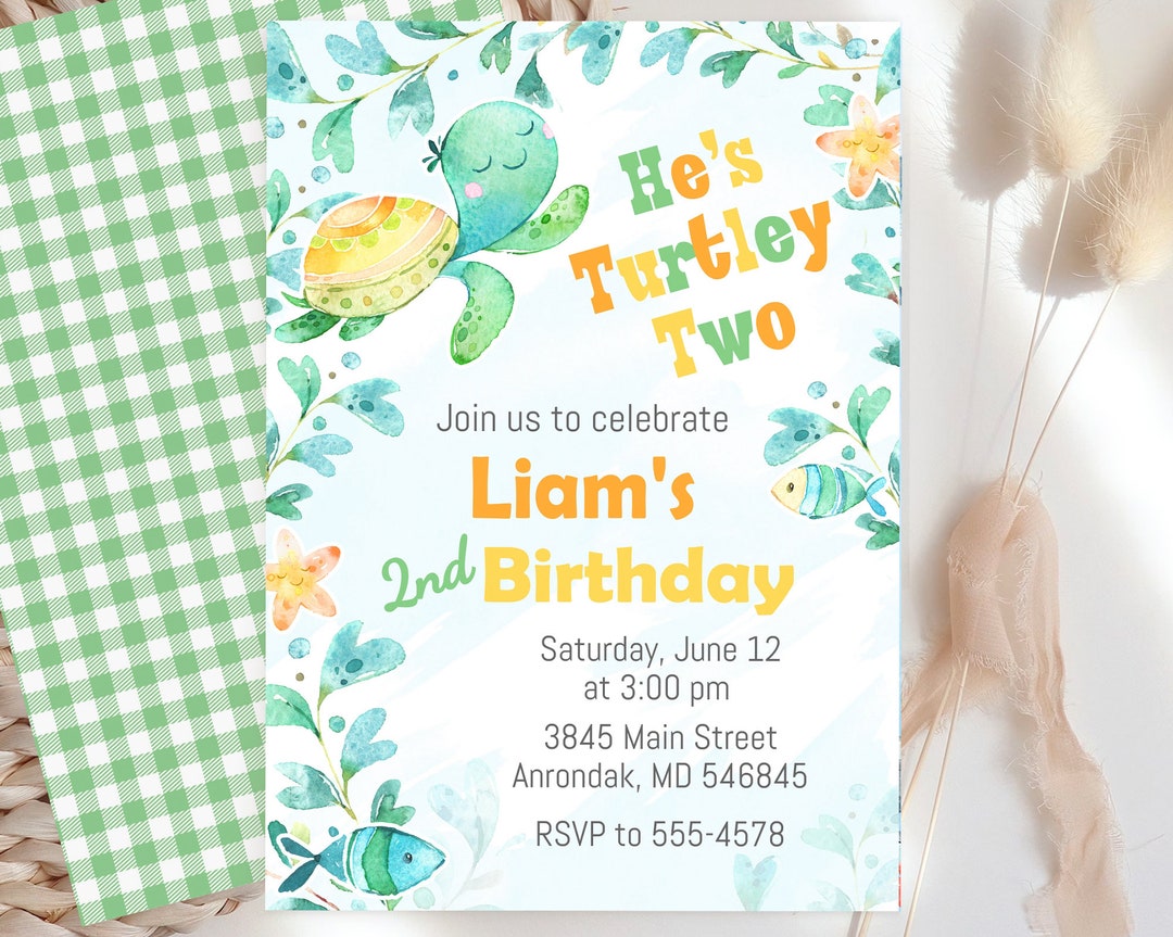 Turtle Birthday Invitation Template, Editable, Turtley Two, Second ...