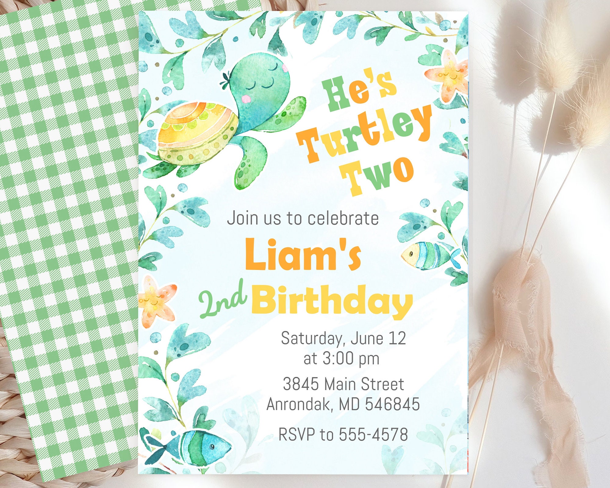 Turtle Birthday Invitation Template, Editable, Turtley Two, Second ...