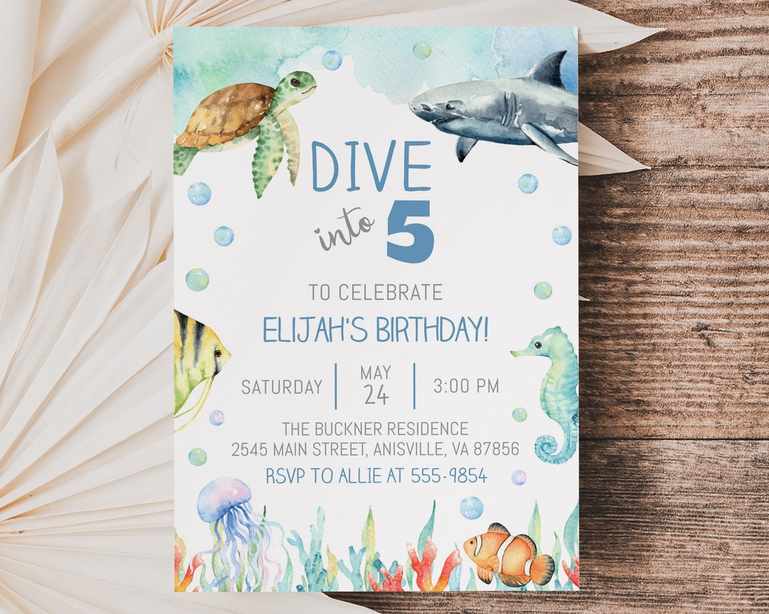 Dive Into Five Birthday Invitation, Ocean Animals, Girl Blue, Boy ...