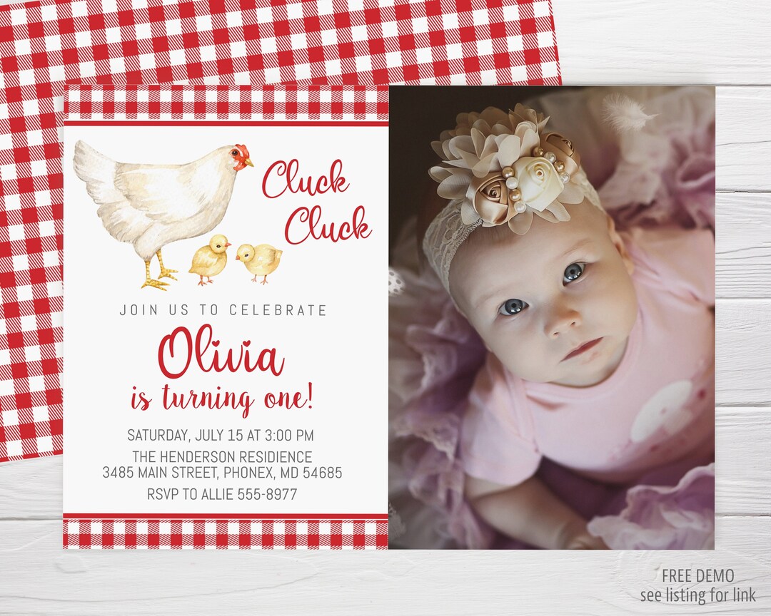 Chicken Photo Invitation Template, Editable Birthday Farm Theme, First ...