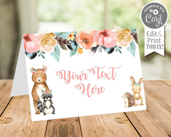 Forest Animals Table Tent Label, food label, woodland animals, boho ...